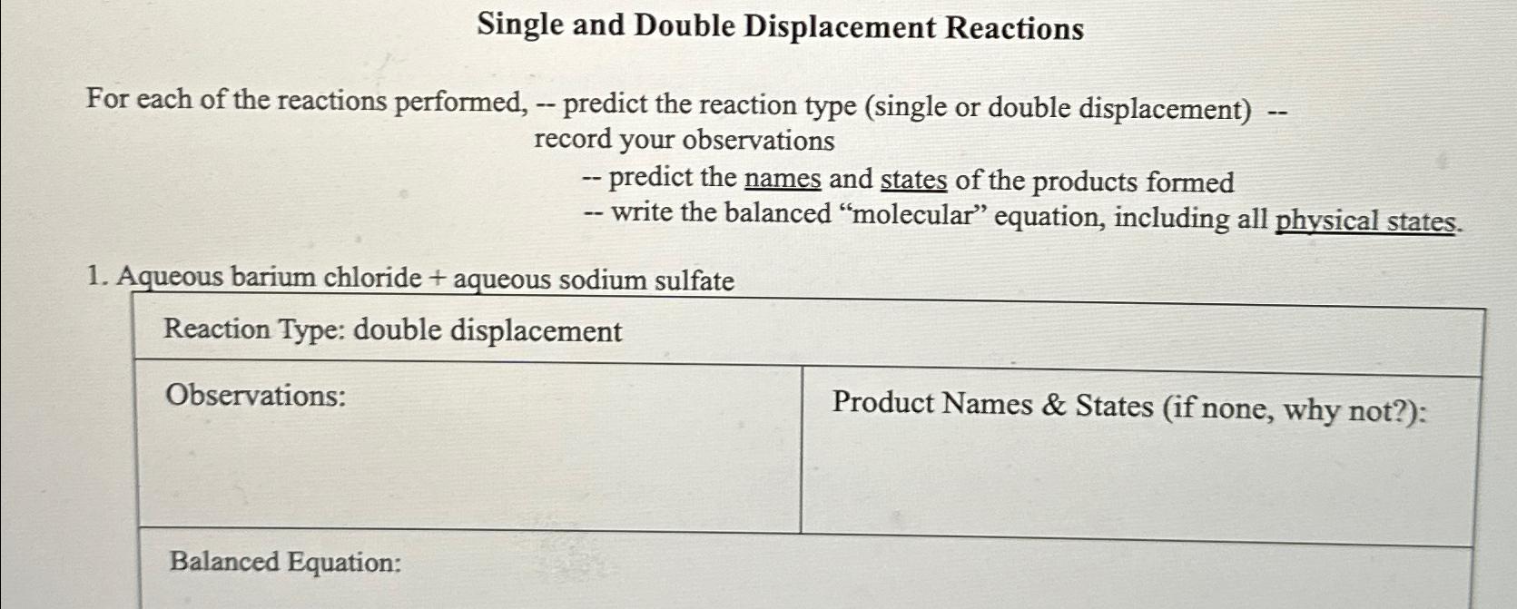 Single and Double Displacement Reactions\\nFor each | Chegg.com