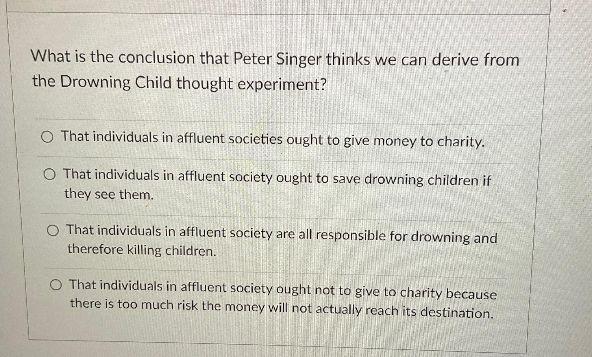 Solved What is the conclusion that Peter Singer thinks we | Chegg.com