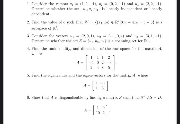 Solved 1. Consider the vectors \\( u_{1}=(1,2,-1), | Chegg.com