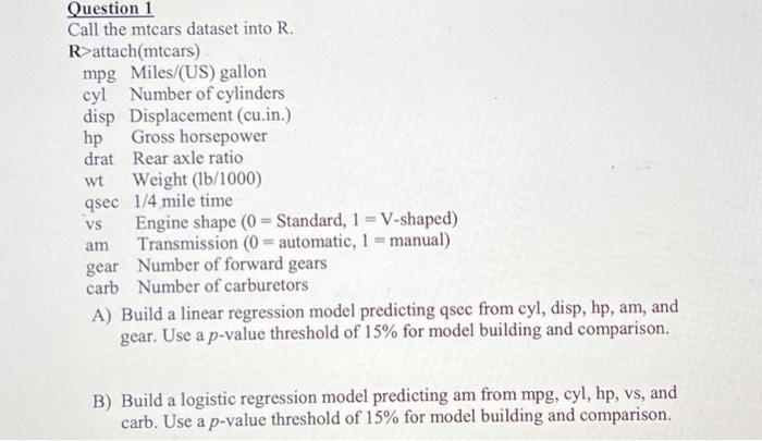 Solved Call the mtcars dataset into R. ( | Chegg.com