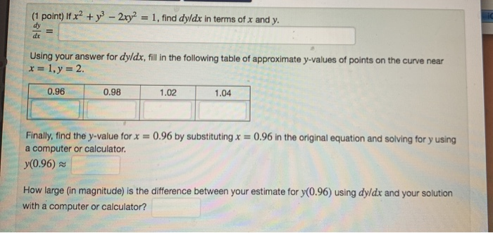 Solved (1 point) If x² + y2 - 2xy2 = 1, find dyldt in terms | Chegg.com