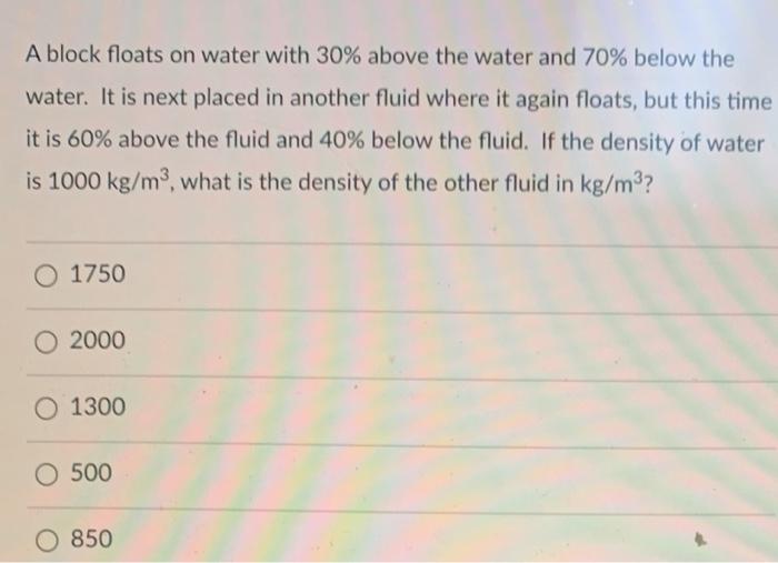 Solved A block floats on water with 30% above the water and | Chegg.com