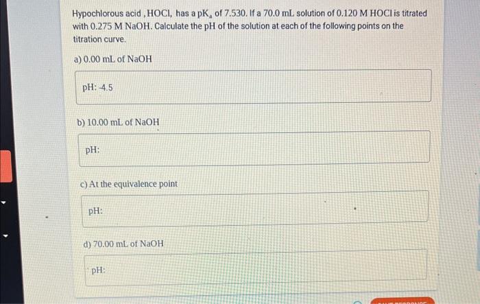 Solved Hypochlorous acid, HOCl, has a pKa of 7.530 . If a | Chegg.com