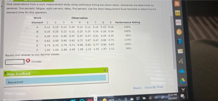 Solved Nine observations from a work measurement study using | Chegg.com