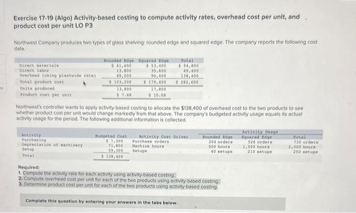 Solved Exercise 17-19 (Algo) Activity-based costing to | Chegg.com
