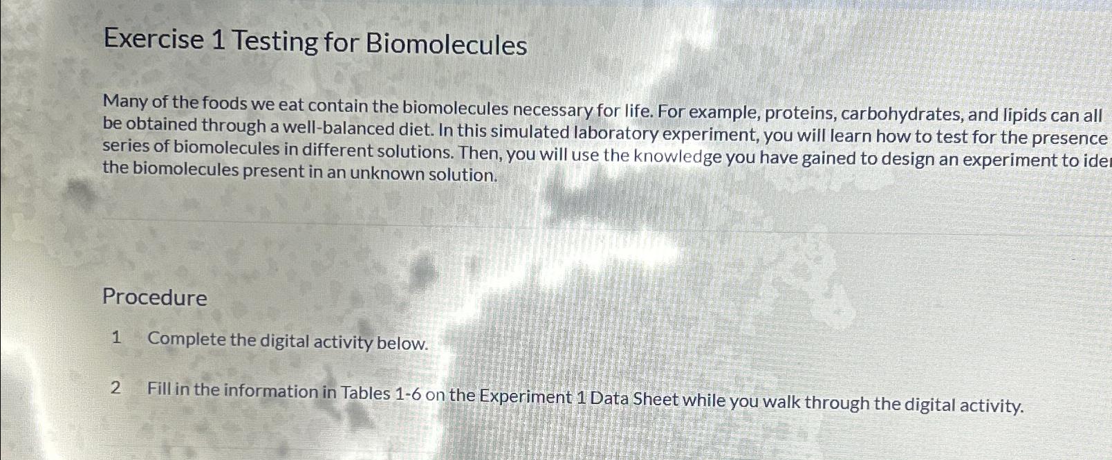 Solved Exercise 1 ﻿Testing for BiomoleculesMany of the foods | Chegg.com