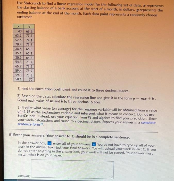 Solved Use Statcrunch to find a linear regression model for | Chegg.com