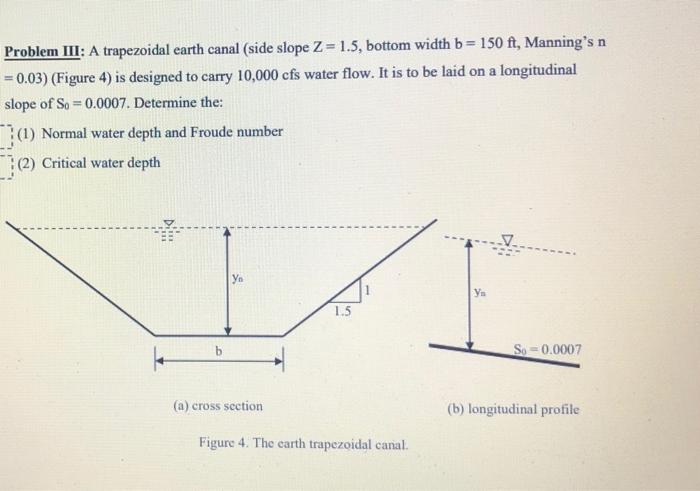 Solved Problem III: A trapezoidal earth canal (side slope | Chegg.com