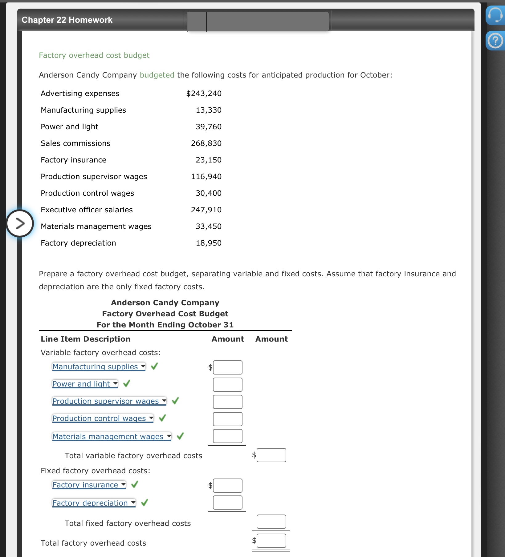 Solved Factory overhead cost budgetAnderson Candy Company | Chegg.com