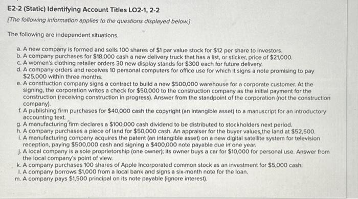 Solved E2-2 (Static) Identifying Account Titles LO2-1, 2-2 | Chegg.com