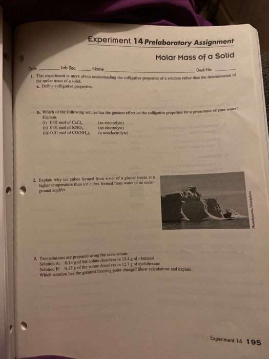 Experiment 14 Prelaboratory Assignment Molar Mass of | Chegg.com