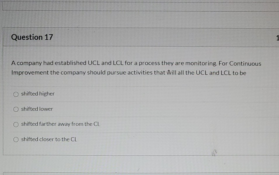 Solved Question 17 1 A company had established UCL and LCL | Chegg.com