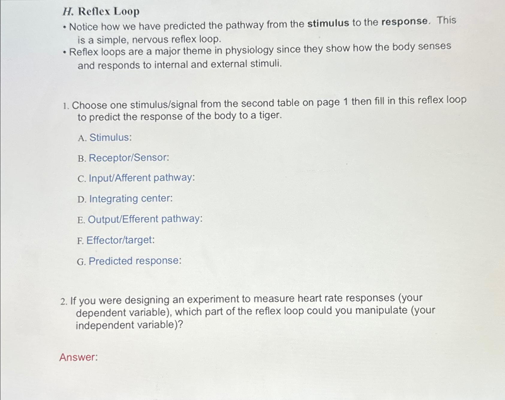 Solved H. ﻿Reflex LoopNotice how we have predicted the | Chegg.com