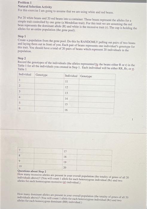 Solved Problem 1 Natural Selection Activity For this | Chegg.com