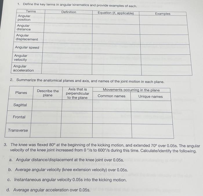 Solved 1. Define the key terms in angular kinematics and | Chegg.com