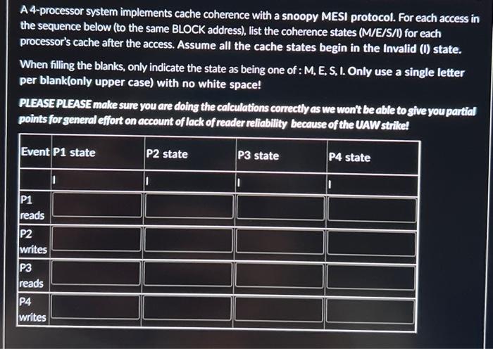 Solved A 4-processor system implements cache coherence with | Chegg.com