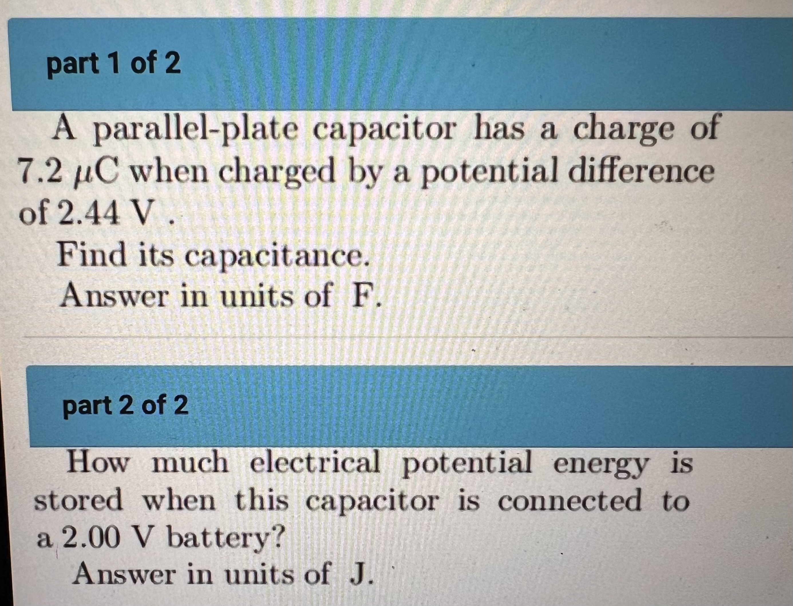 Solved part 1 ﻿of 2A parallel-plate capacitor has a charge | Chegg.com