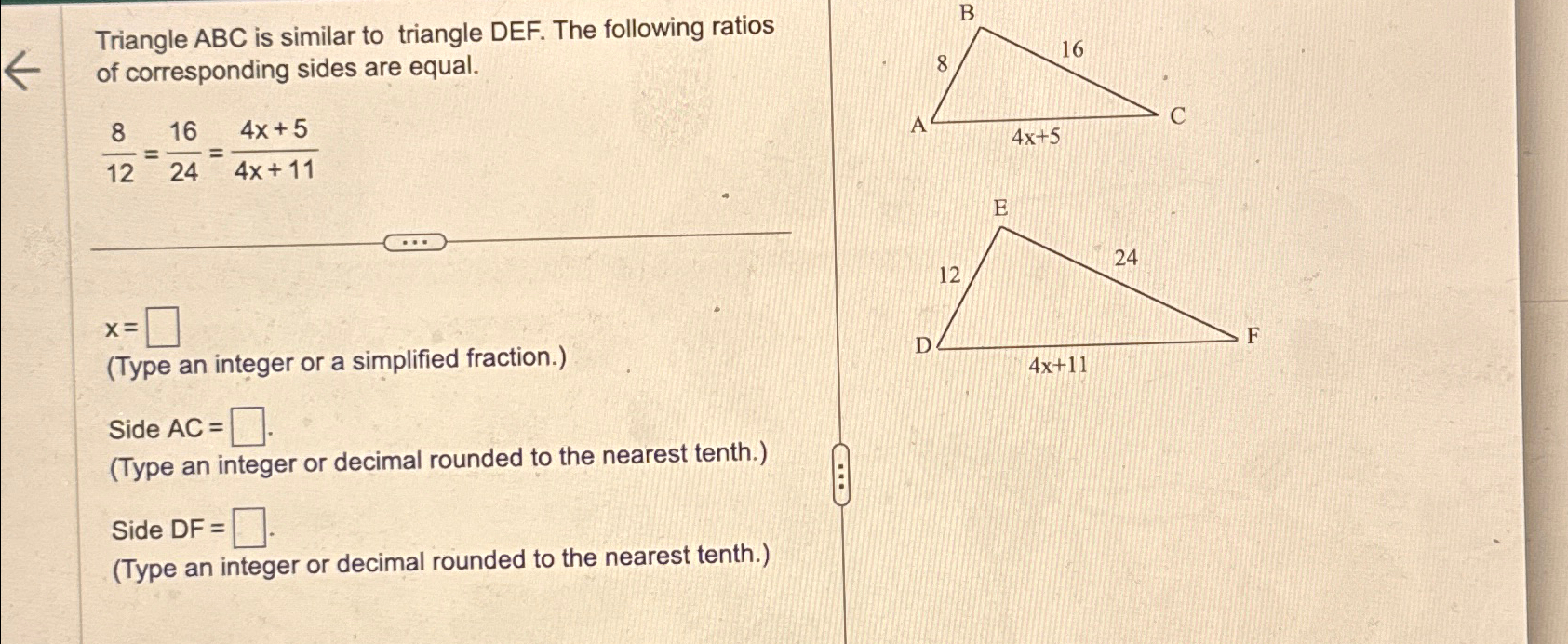 Solved Triangle ABC is similar to triangle DEF. The | Chegg.com