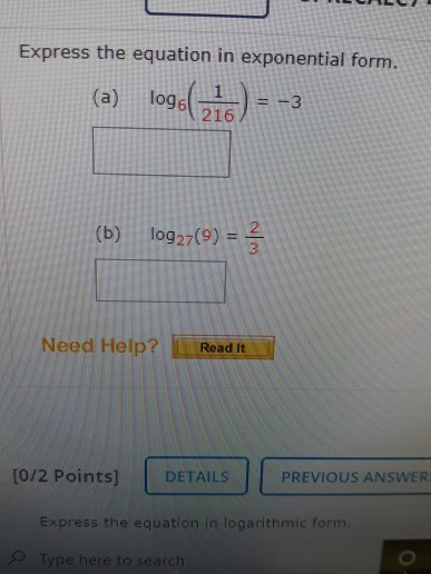 Solved Express The Equation In Exponential Form A Log O 6273