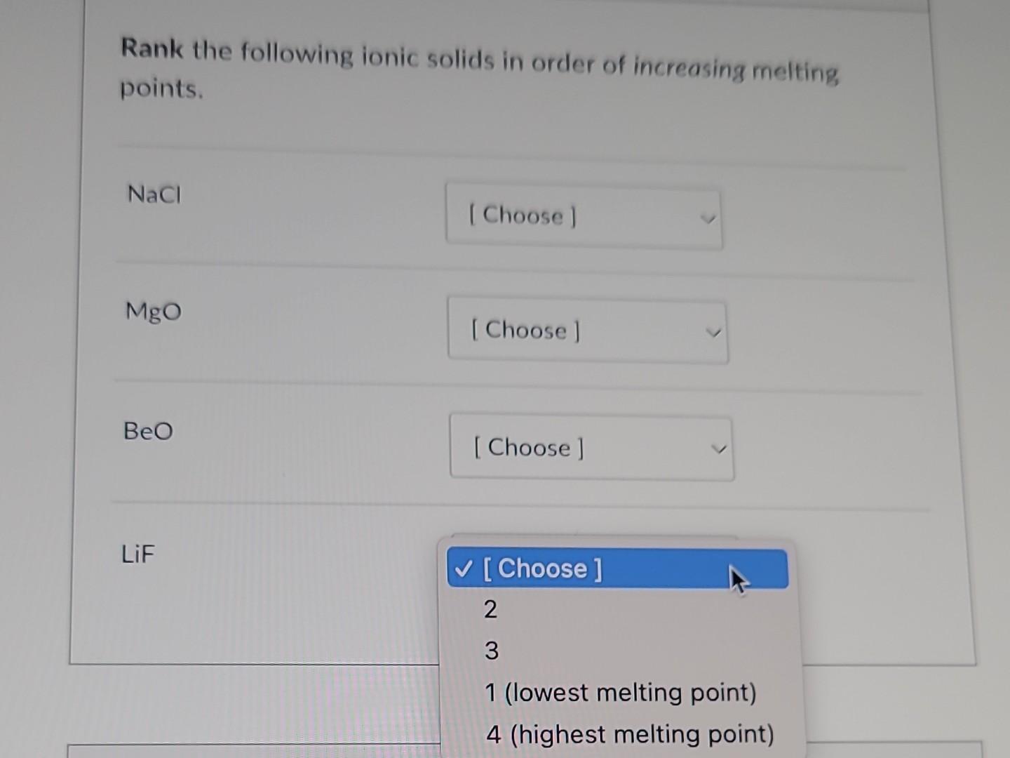 Solved Rank the following ionic solids in order of | Chegg.com