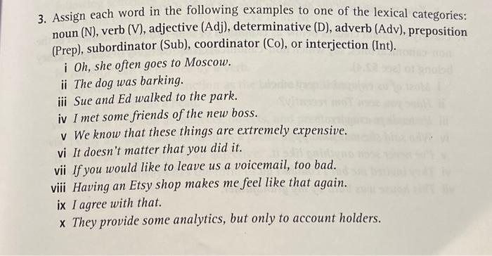 3. Assign each word in the following examples to one | Chegg.com