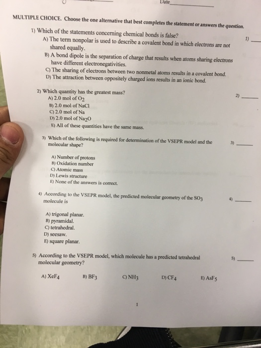 Solved Date MULTIPLE CHOICE. Choose the one alternative that | Chegg.com