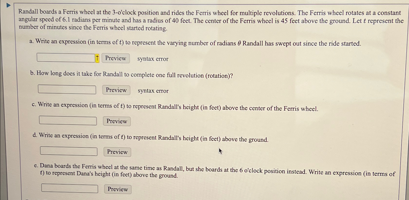 Randall boards a Ferris wheel at the 3-o'clock | Chegg.com