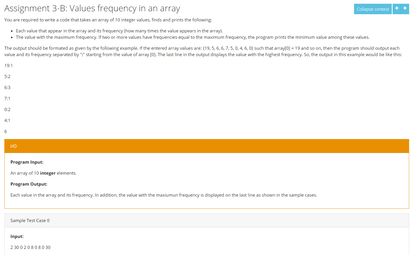 Solved Assignment 3-B: Values frequency in an array Collapse | Chegg.com