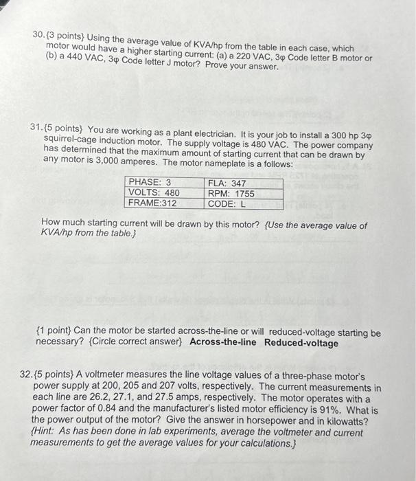 Solved 30.{3 points } Using the average value of KVA/hp from | Chegg.com