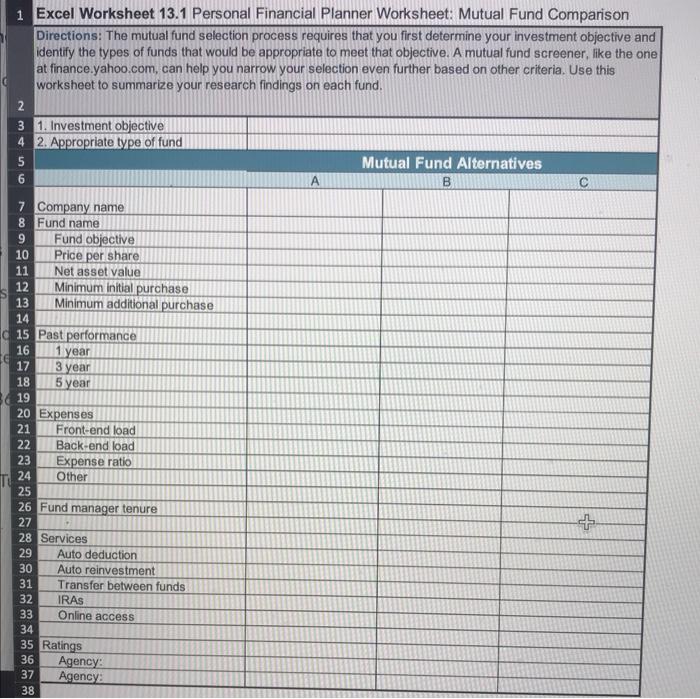 Excel Worksheet 13.1 Personal Financial Planner | Chegg.com