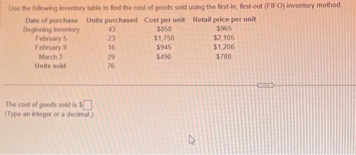 Solved Use the following inventory table to find the cost of | Chegg.com