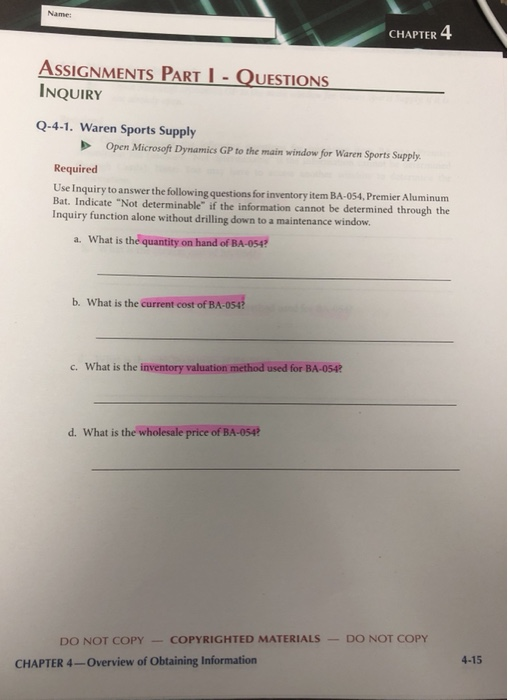 Name: CHAPTER 4 ASSIGNMENTS PART 1 - QUESTIONS | Chegg.com