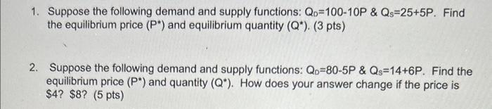 Solved 1. Suppose the following demand and supply functions: | Chegg.com
