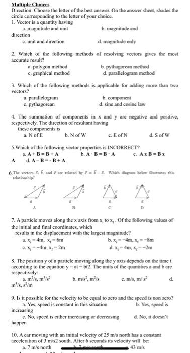 Solved Multiple Choices Direction: Choose the letter of the | Chegg.com