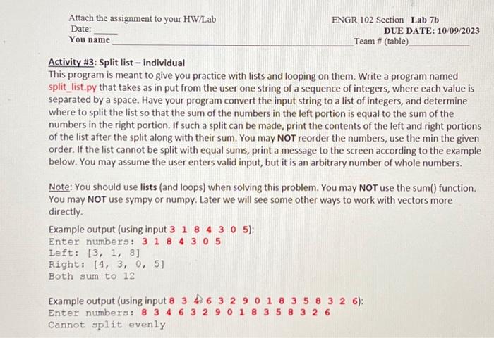 Solved Split list - individual This program is meant to give | Chegg.com