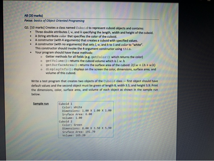 Solved . . . A8 (20 marks) Focus: basics of Object Oriented | Chegg.com