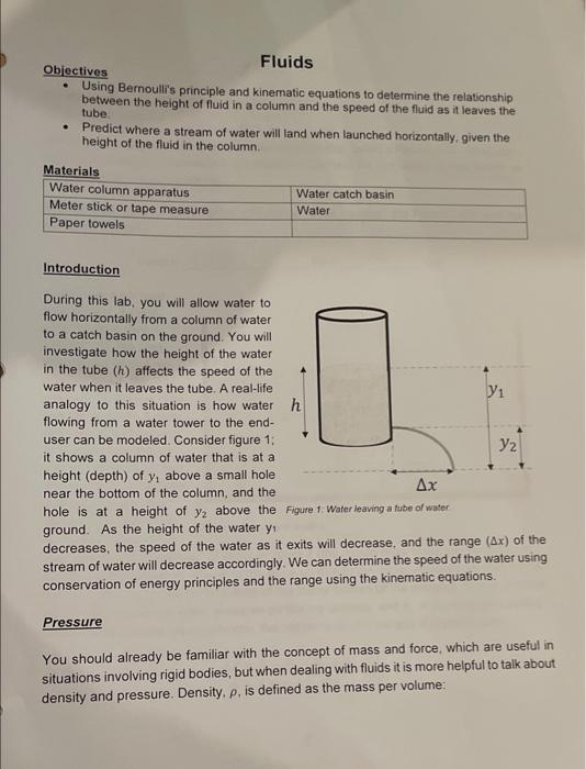 Solved . Fluids Objectives Using Bernoullis principle and | Chegg.com
