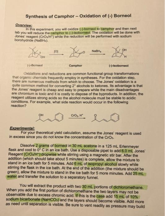 Solved Synthesis of Camphor-Oxidation of (−) Borneol | Chegg.com