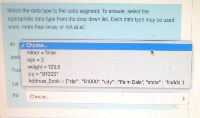 Solved Match the data type to the code segment. To answer, | Chegg.com