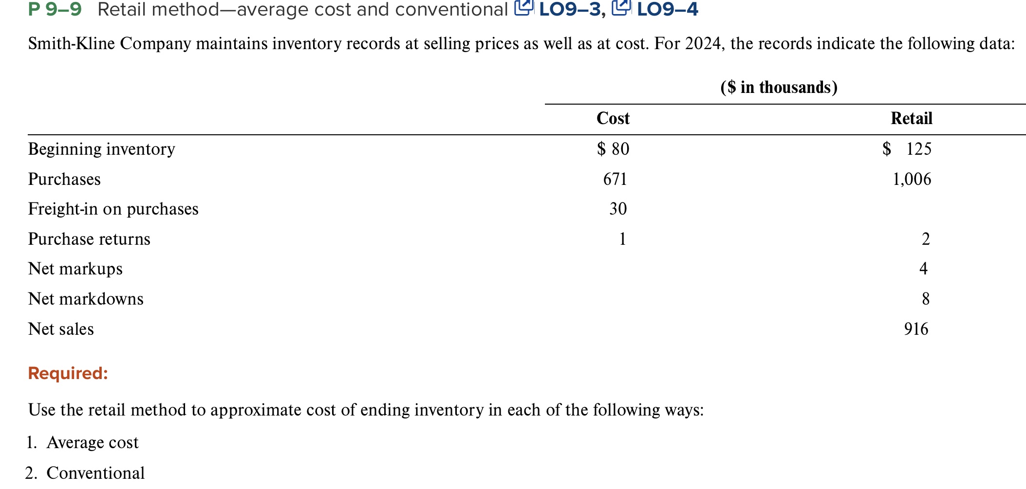 Solved P 9-9 ﻿Retail method-average cost and conventional | Chegg.com