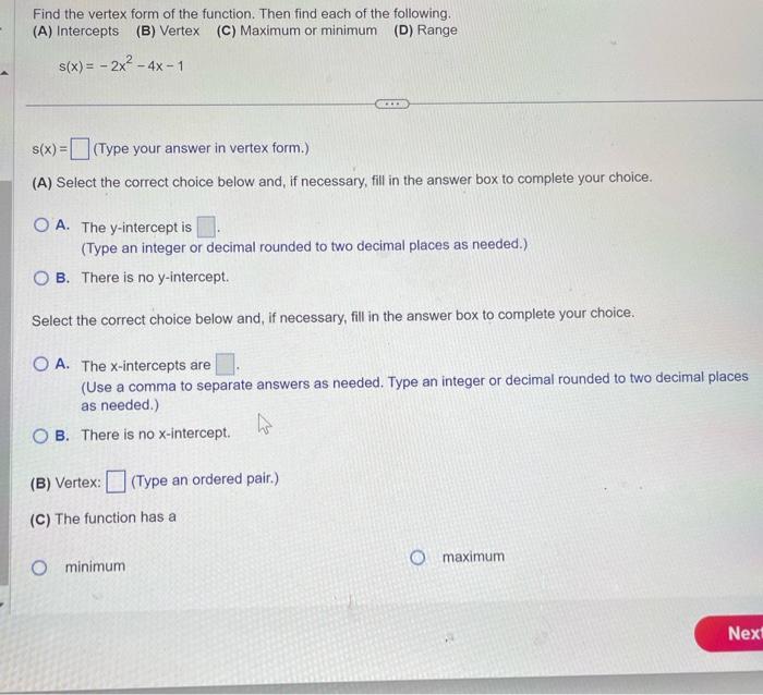 Solved Find the vertex form of the function. Then find each | Chegg.com