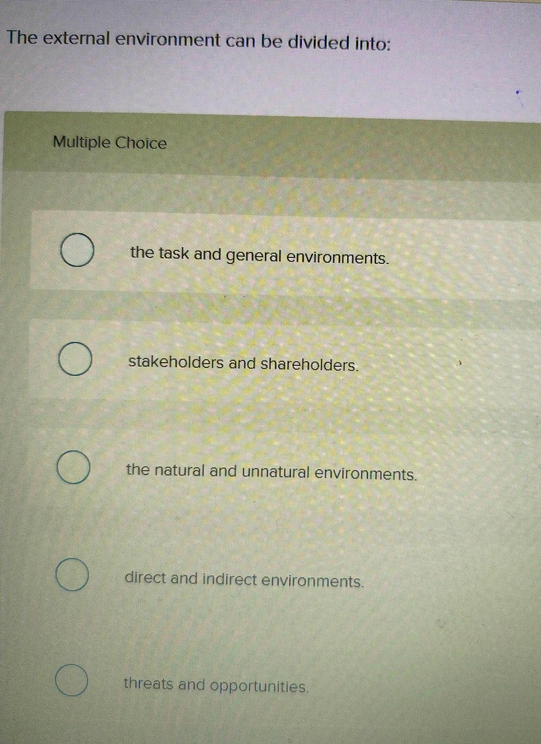 Solved The external environment can be divided into:Multiple | Chegg.com