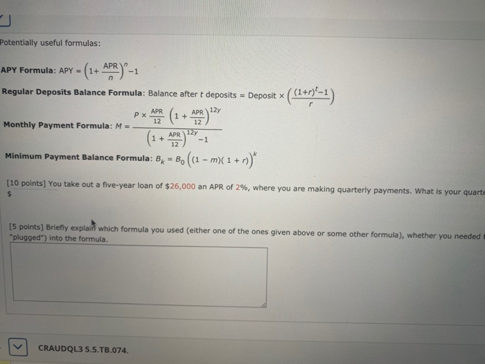 Solved otentially useful formulas: APY Formula: APY = | Chegg.com