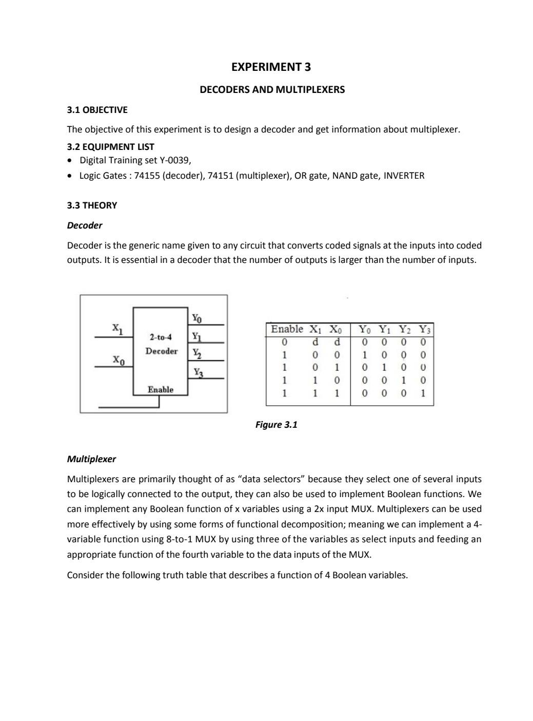 Solved EXPERIMENT 3 DECODERS AND MULTIPLEXERS 3.1 OBJECTIVE | Chegg.com