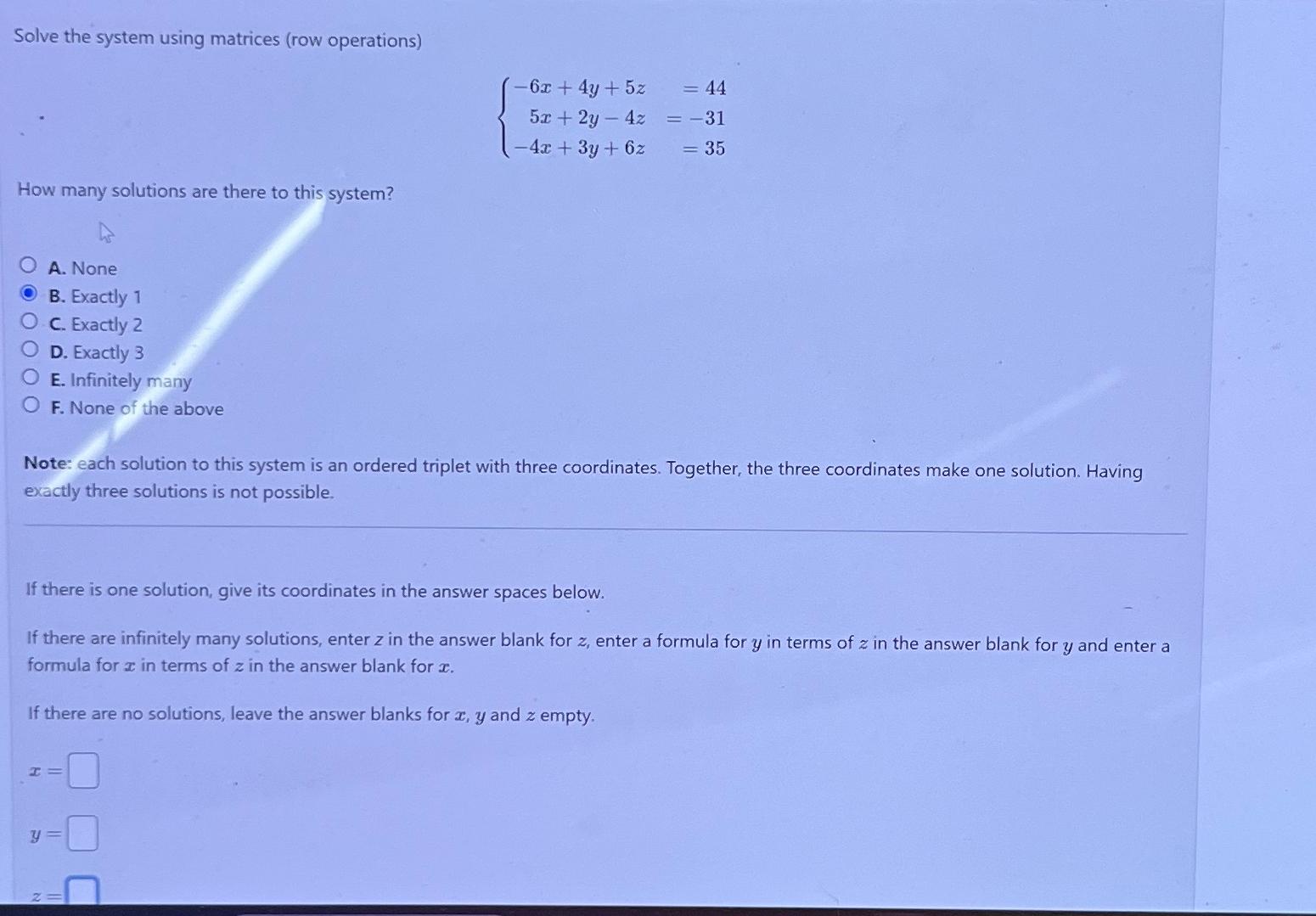 Solved Solve the system using matrices (row | Chegg.com