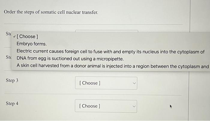 Solved Order the steps of somatic cell nuclear transfer. Ste | Chegg.com