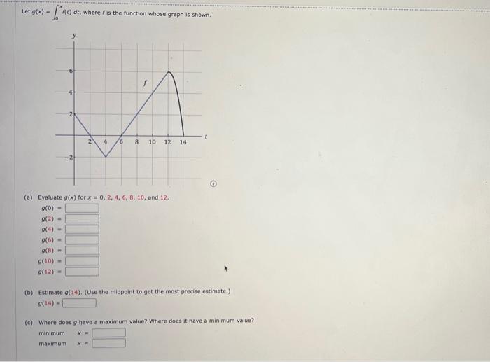 Solved Let g(x)=int_0^x f(t)dt where is the function whose | Chegg.com Solved Let g(x)=int_0^x f(t)dt where is the function whose | Chegg.com