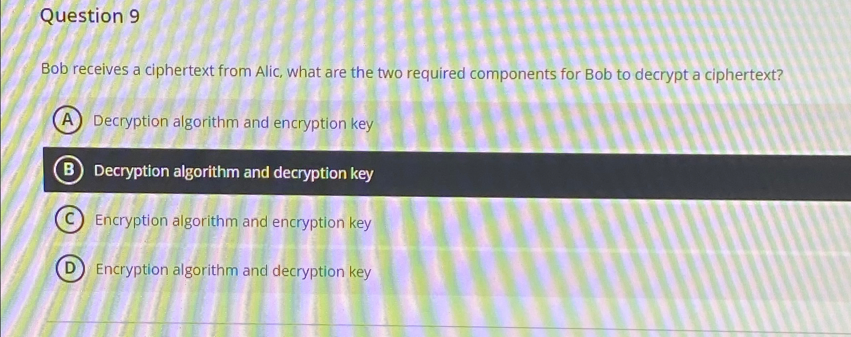 Solved Question 9Bob receives a ciphertext from Alic, what | Chegg.com