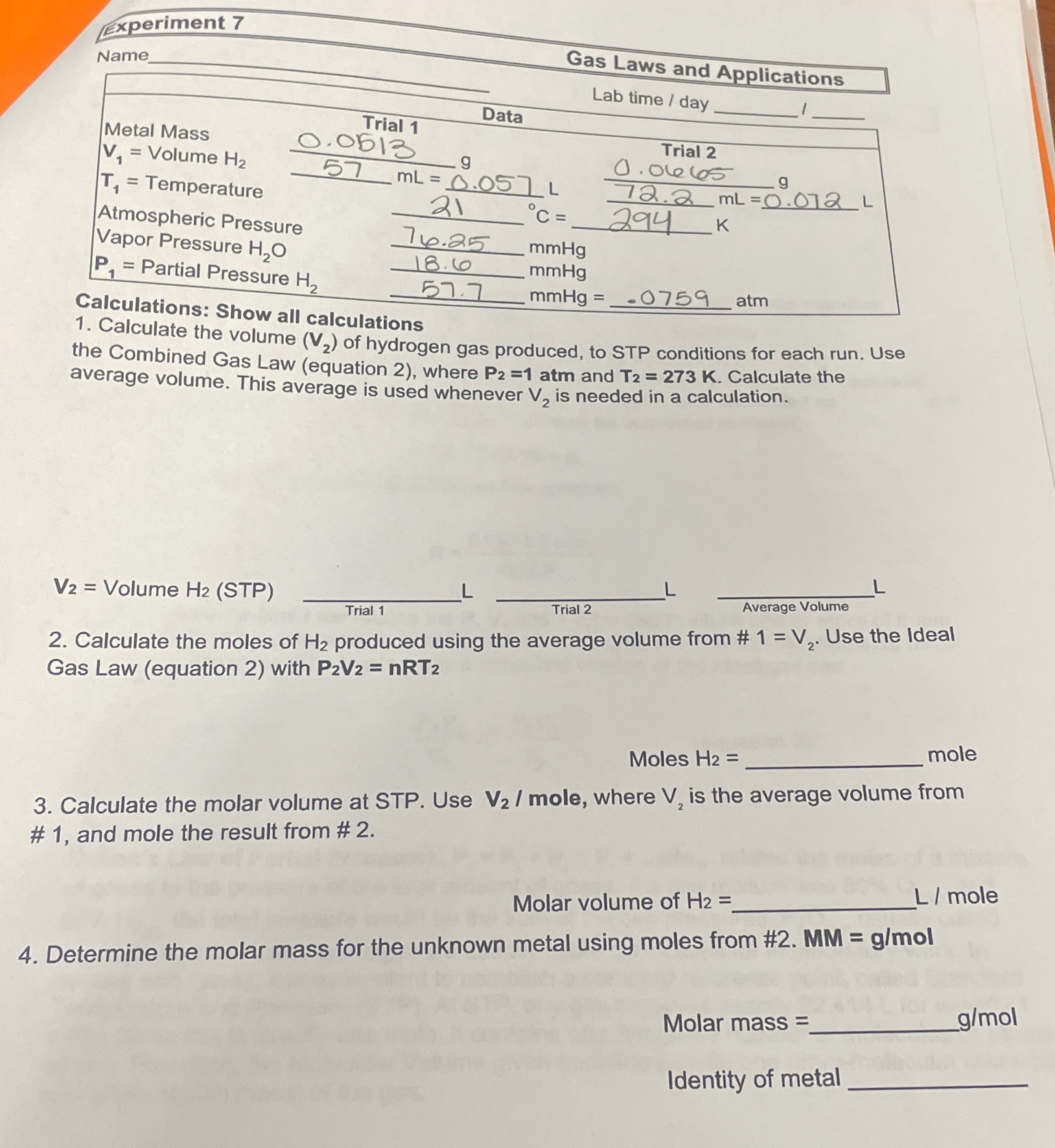 Solved Calculate the volume (V2) ﻿of hydrogen gas produced, | Chegg.com