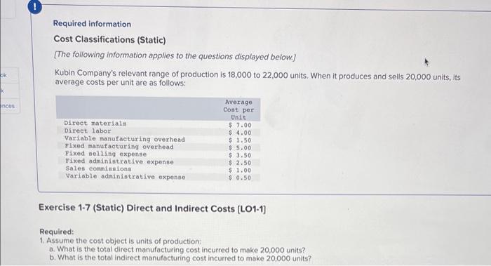 Solved Required information Cost Classifications (Static) | Chegg.com